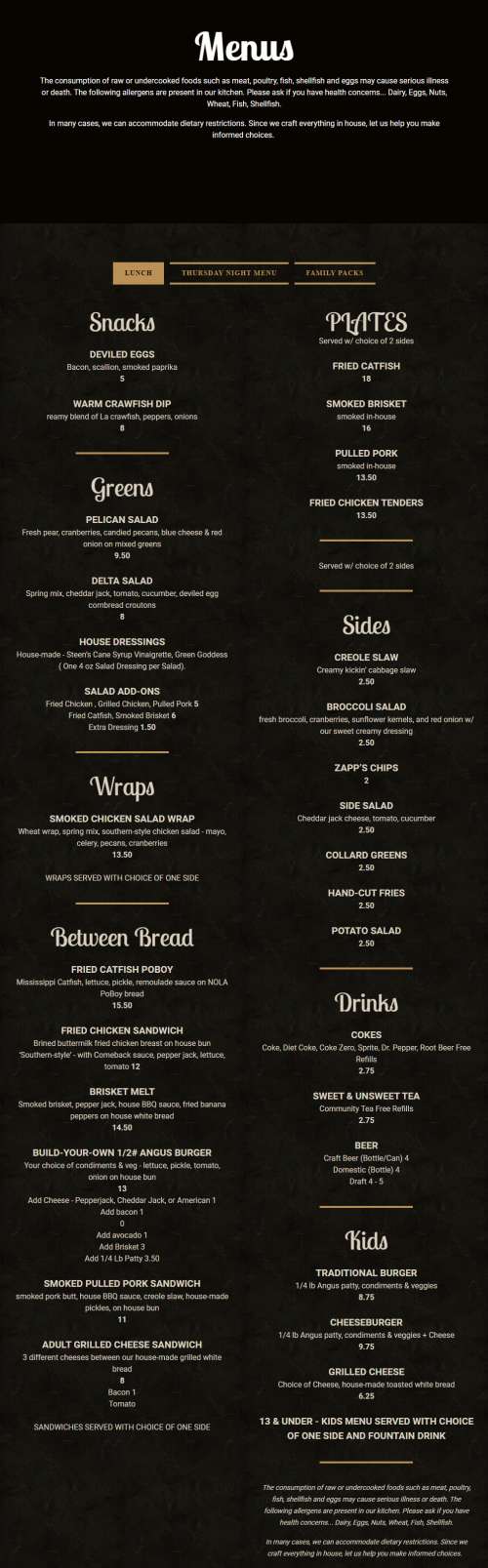 The Walking Pig menu in St Joseph, Louisiana, USA