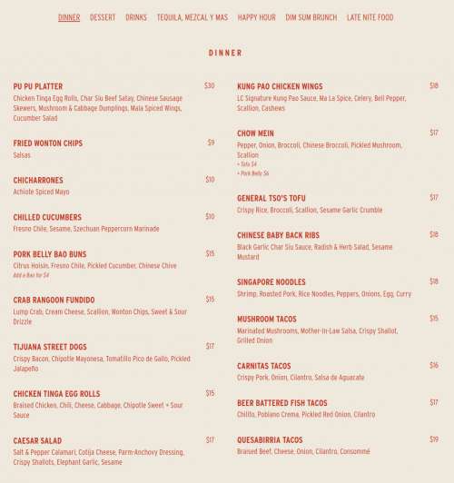 La Chinesca menu in Philadelphia, Pennsylvania, USA