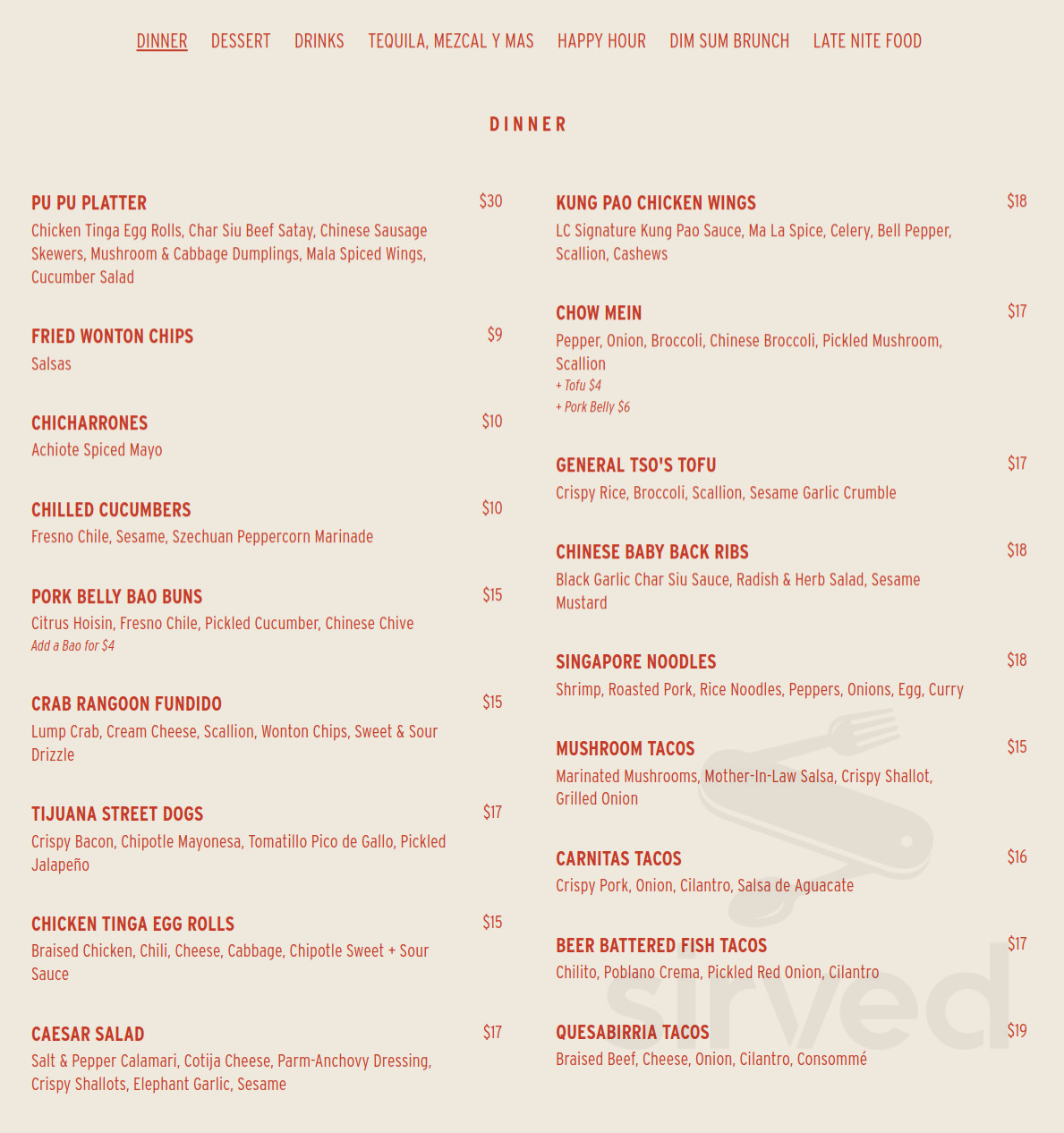 La Chinesca menu in Philadelphia, Pennsylvania, USA