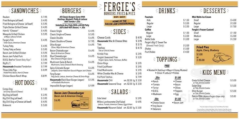 Fergie's Burgers, Fries & Pies menu in Findlay, Ohio, USA