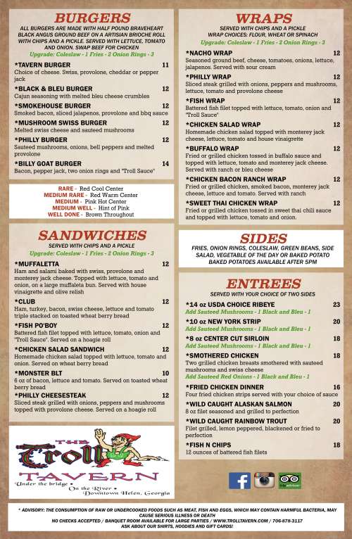 The Troll Tavern menu in Helen, Georgia, USA