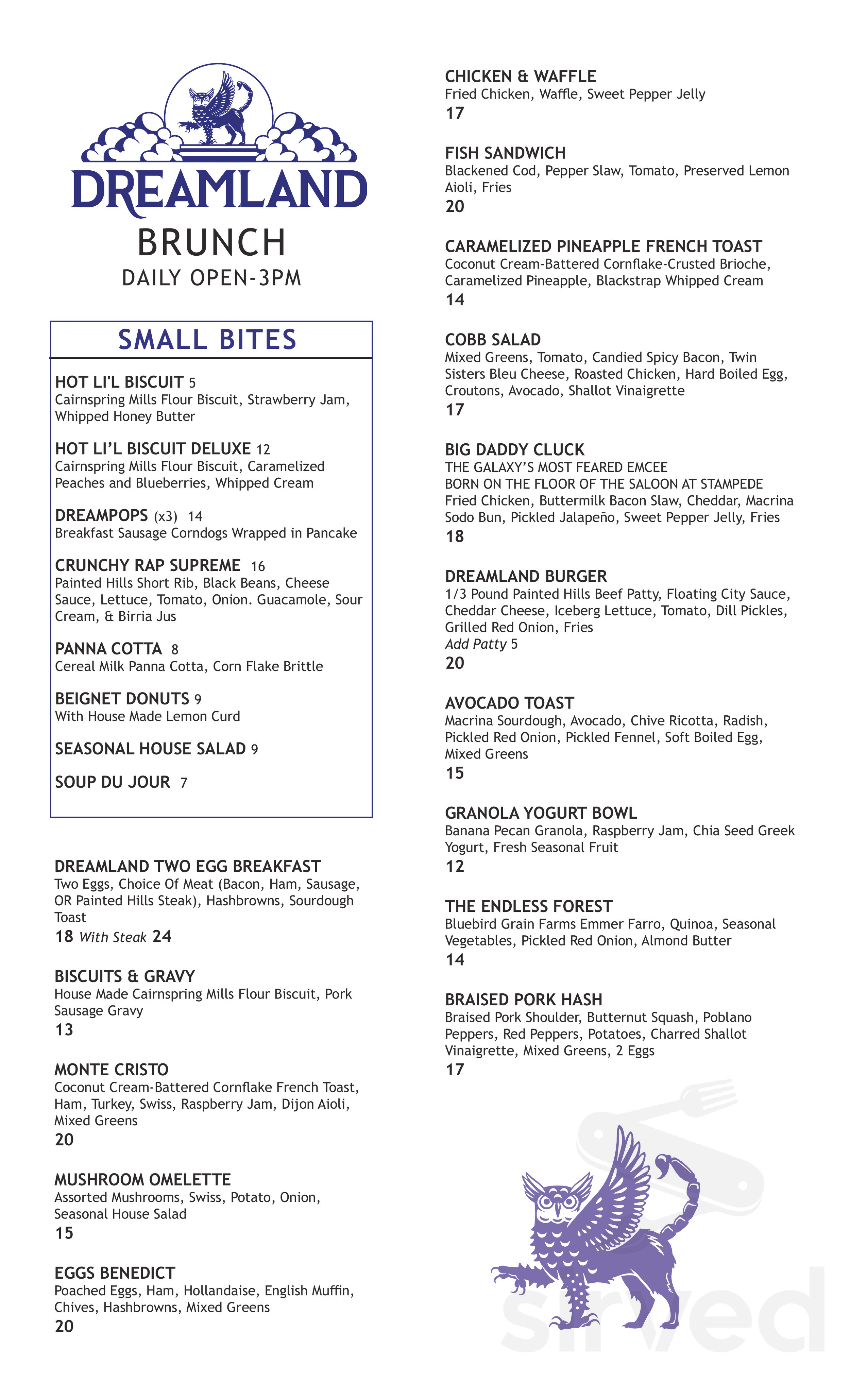 Dreamland Bar & Diner menu in Seattle, Washington, USA