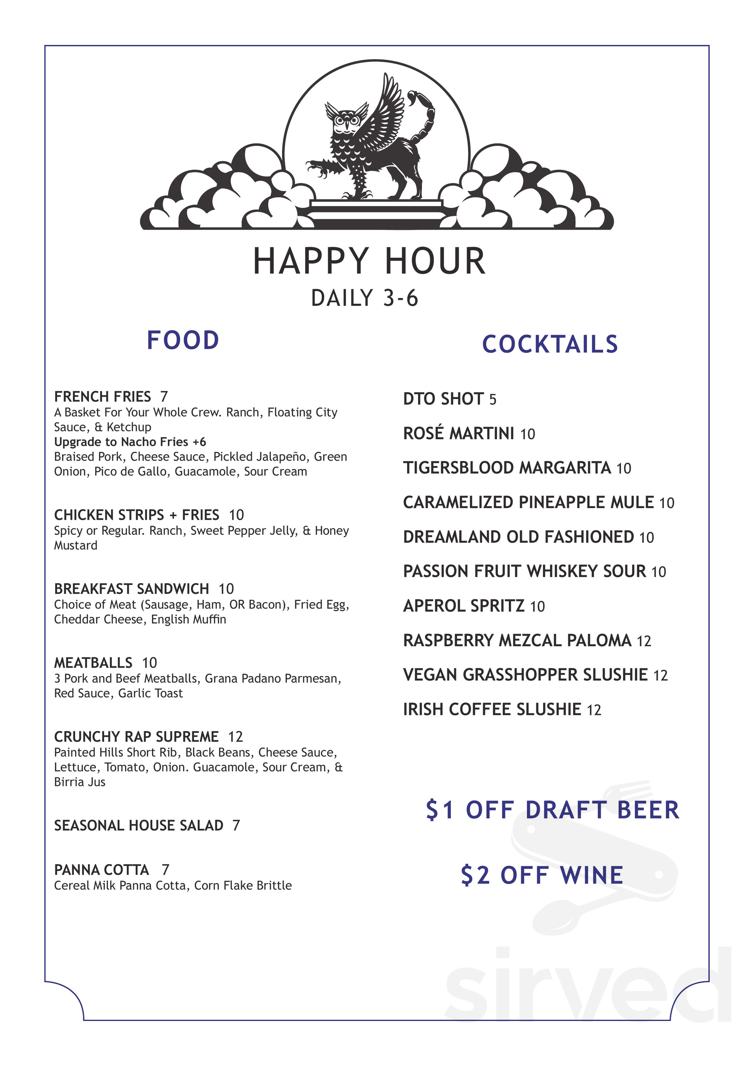 Dreamland Bar & Diner menu in Seattle, Washington, USA