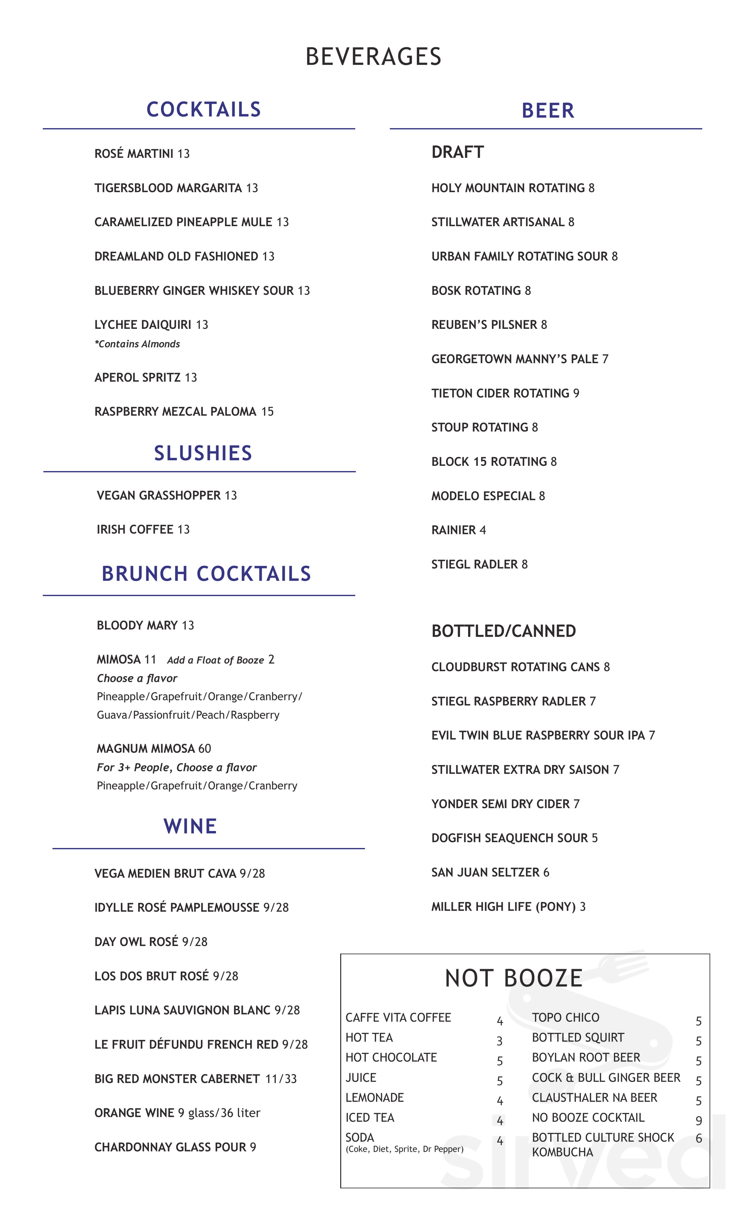 Dreamland Bar & Diner menu in Seattle, Washington, USA