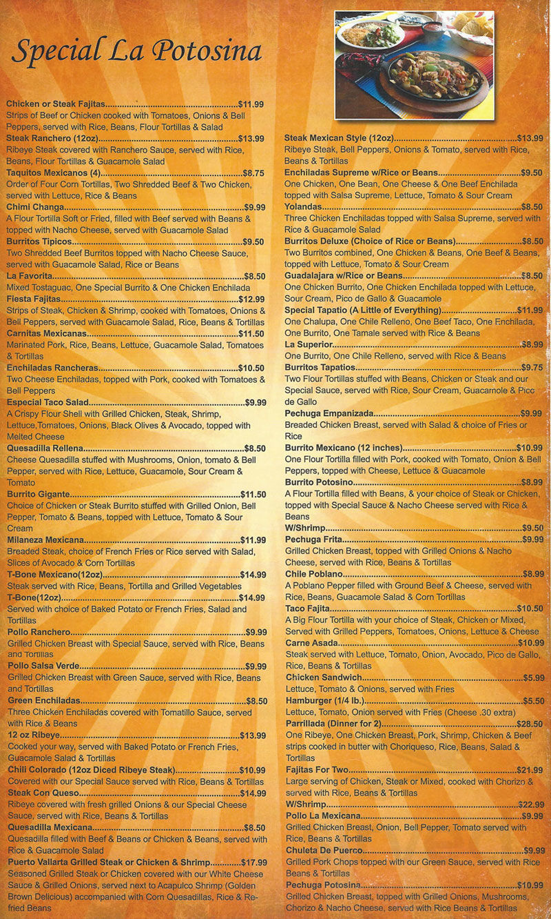 La Potosina Mexican Restaurant menu in Danville, Illinois, USA