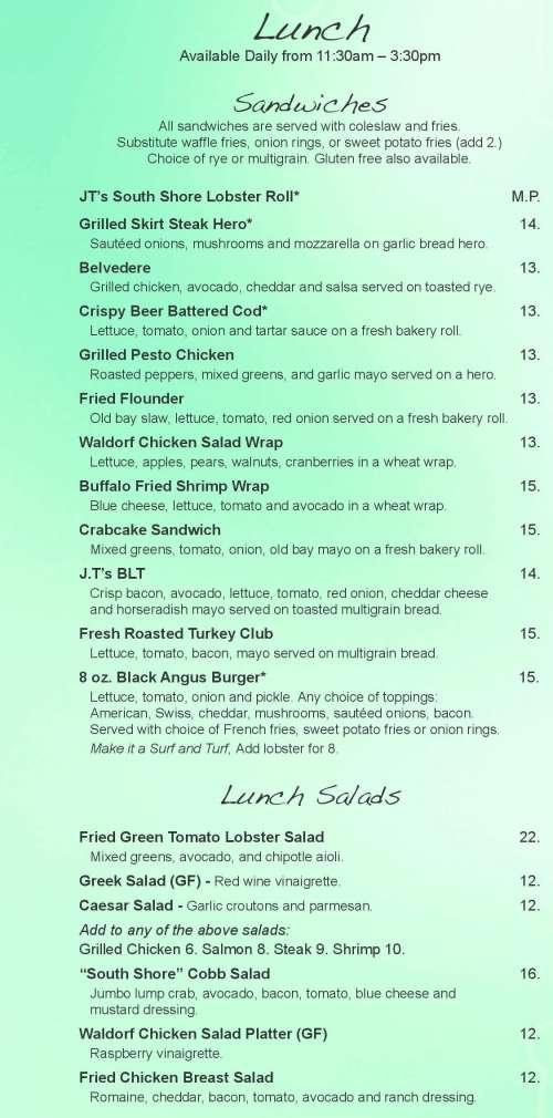 J T's On the Bay menu in Blue Point, New York, USA