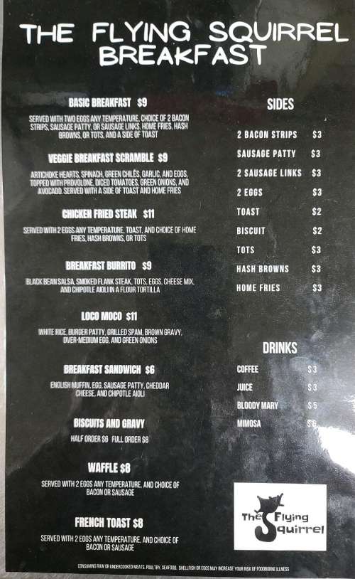 The Flying Squirrel Tavern menu in Eugene, Oregon, USA
