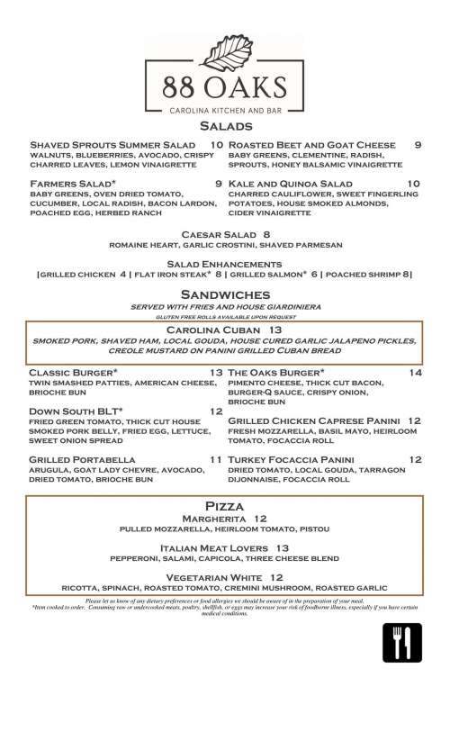 88 Oaks Carolina Kitchen and Bar menu in Raleigh, North Carolina, USA