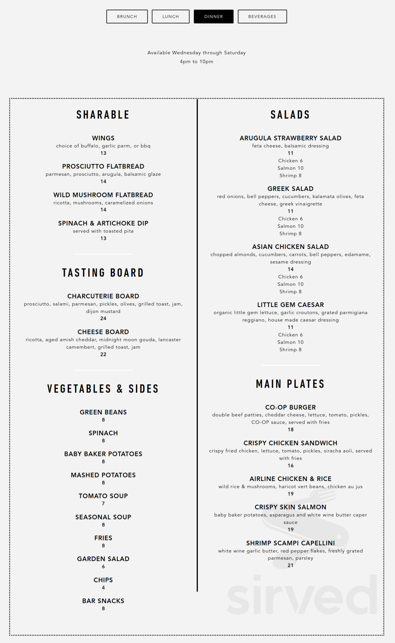 Menu - Philadelphia PA's CO-OP Restaurant & Bar | Sirved