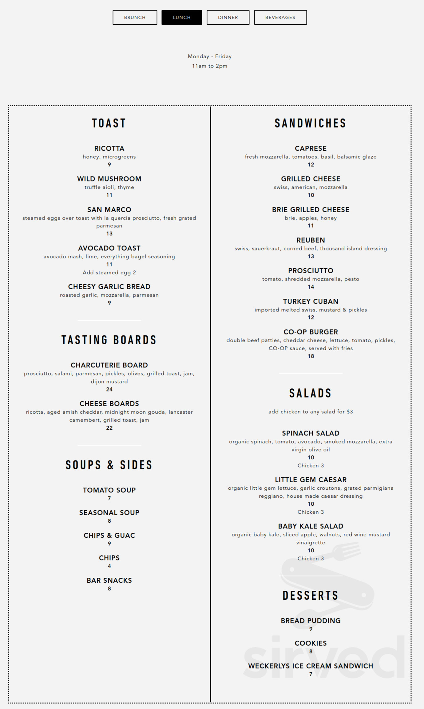 CO-OP Restaurant & Bar menu in Philadelphia, Pennsylvania, USA
