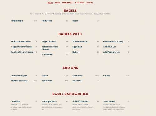 Bubbie's Bagels menu in Traverse City, Michigan, USA