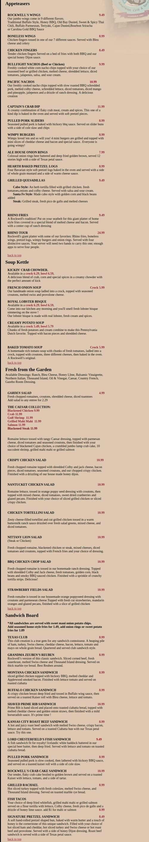 T.J. Rockwell's American Grill & Tavern menu in Mechanicsburg ...