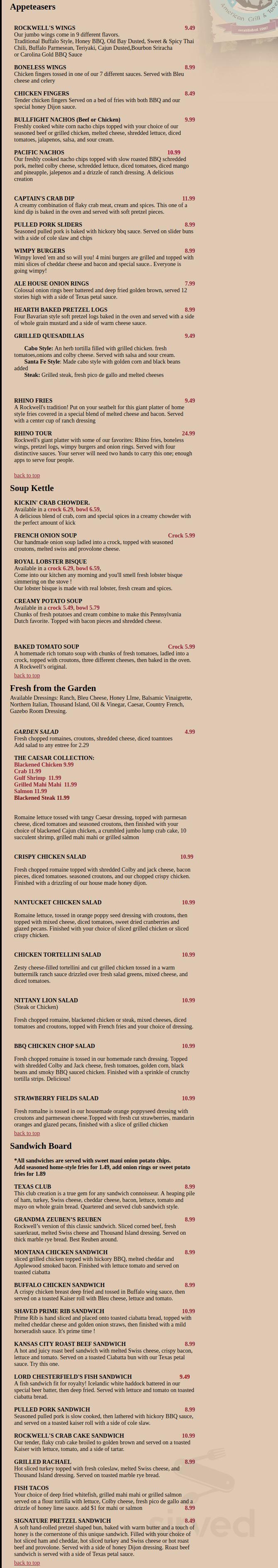 Menu for T.J. Rockwell's American Grill & Tavern in Mechanicsburg, PA ...