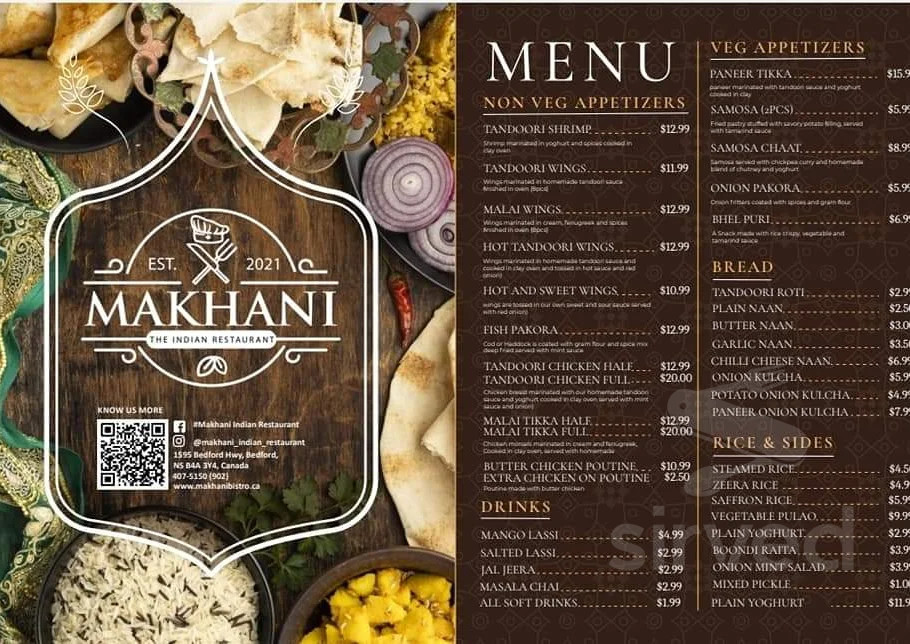 Makhani Indian restaurant menu in Bedford, Nova Scotia, Canada