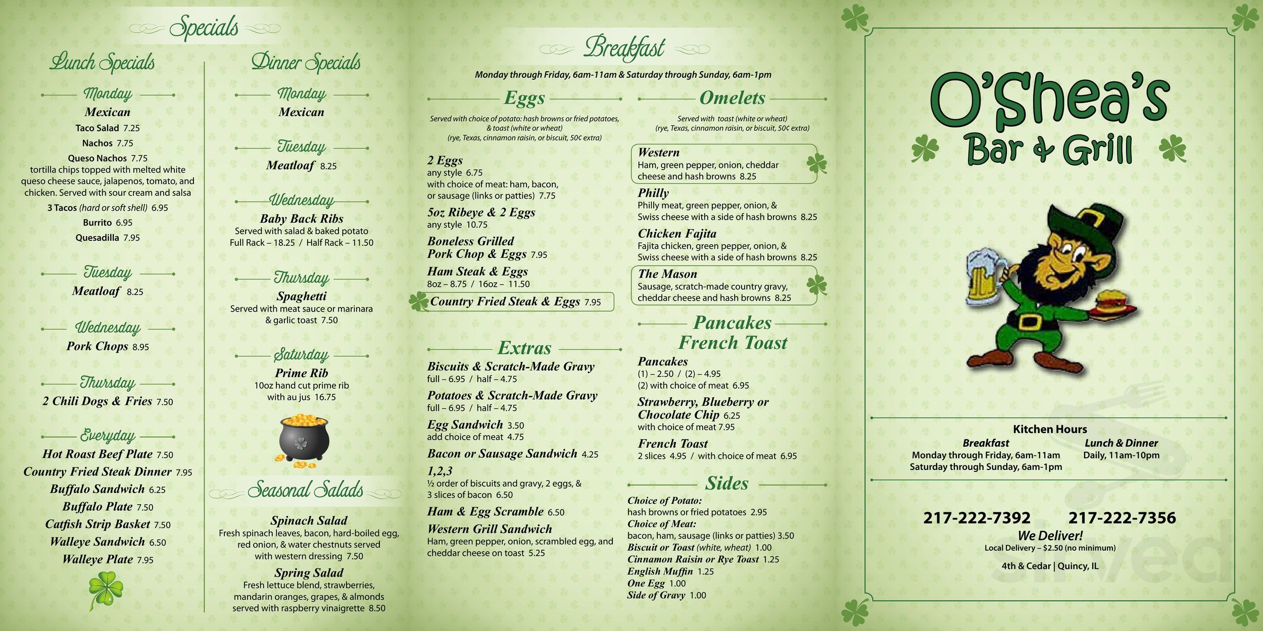 O'Shea's menu in Quincy, Illinois, USA