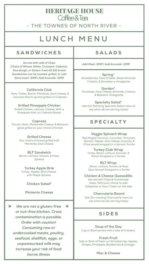 Heritage House Coffee Riverfront menu in Tuscaloosa, Alabama, USA