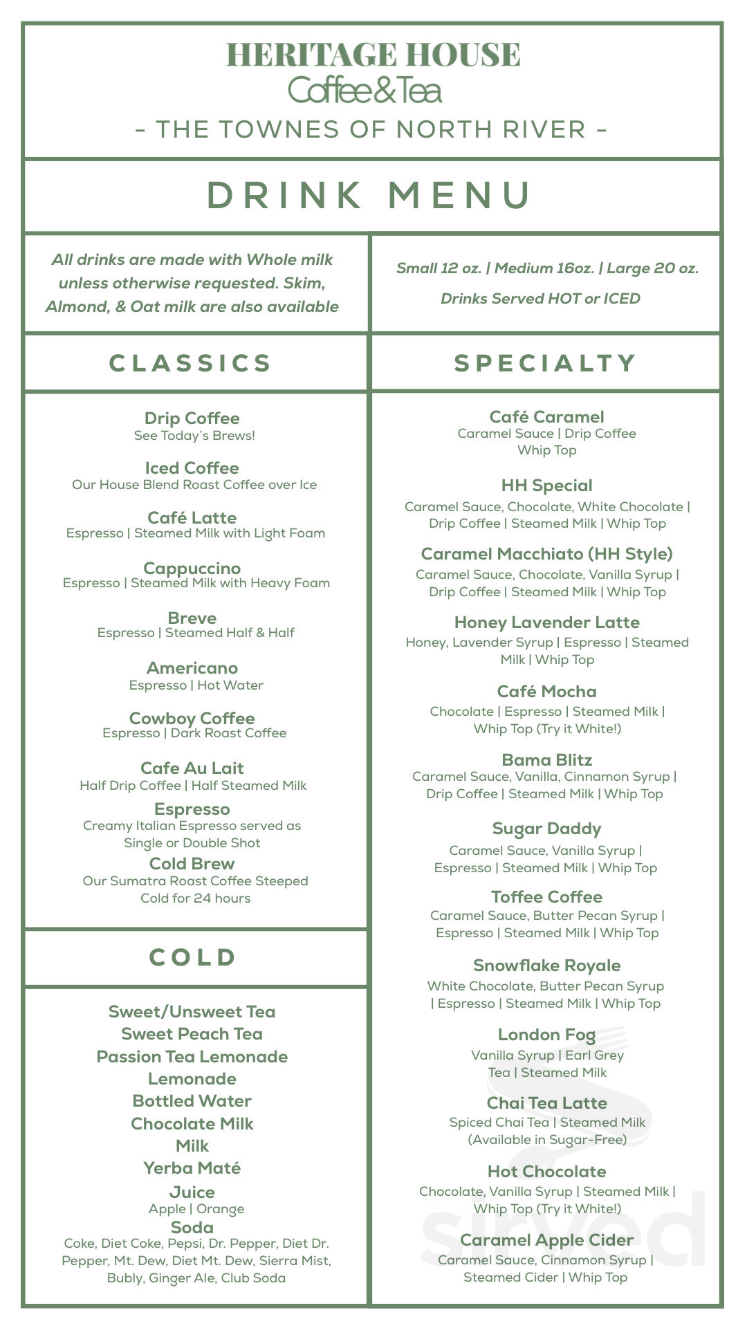 Heritage House Coffee Riverfront menu in Tuscaloosa, Alabama, USA