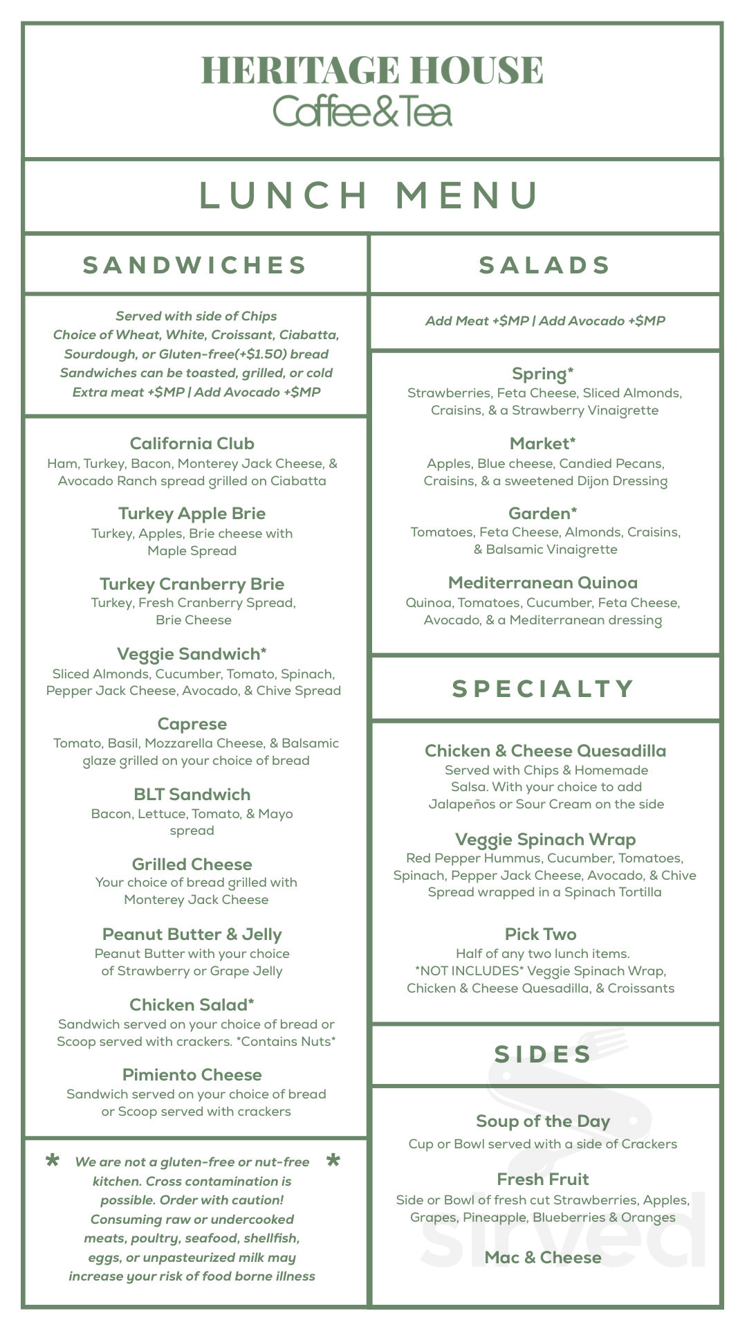 Menu - Tuscaloosa AL's Heritage House Coffee Riverfront | Sirved