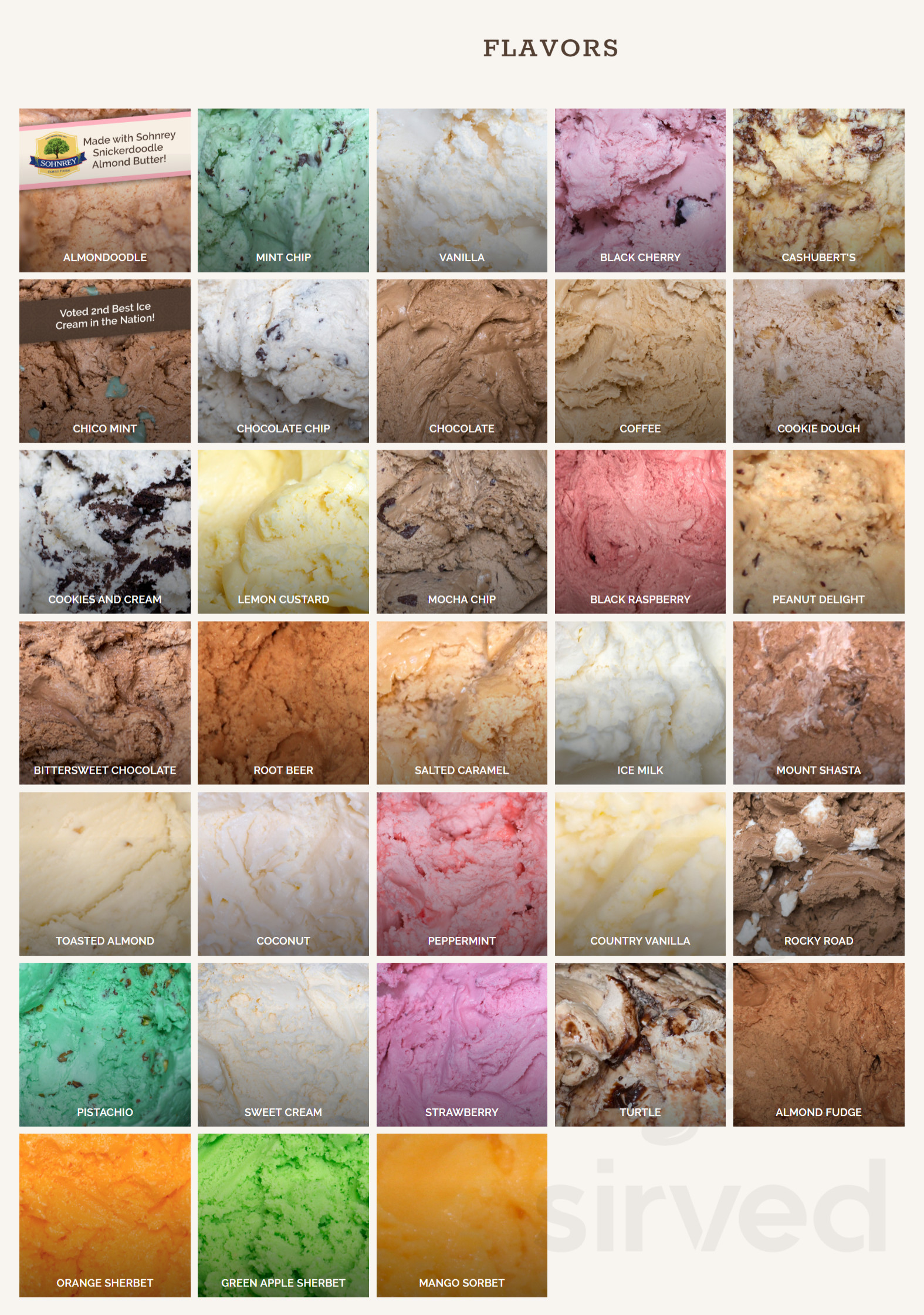 Menu for Shubert's Ice Cream & Candy in Chico, California, United States