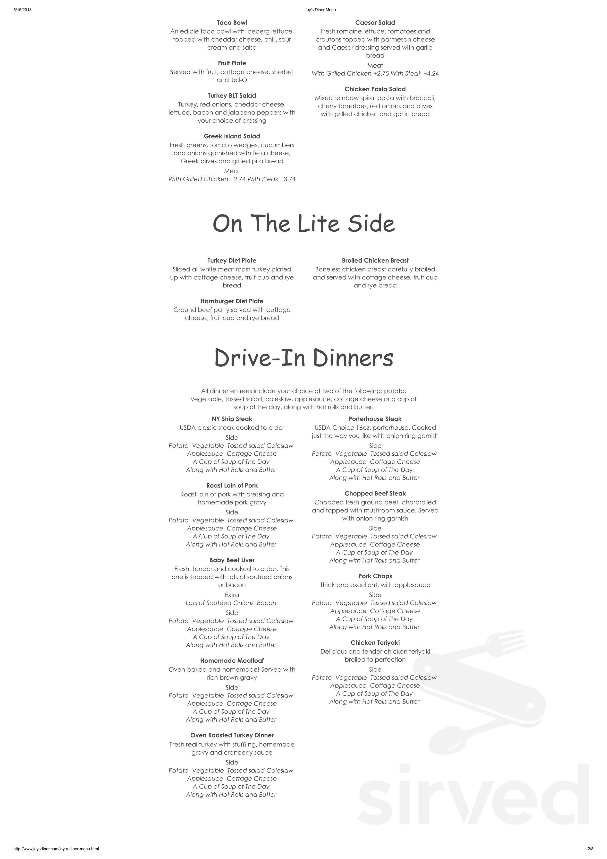 Jay's Diner menu in Rochester, New York, USA
