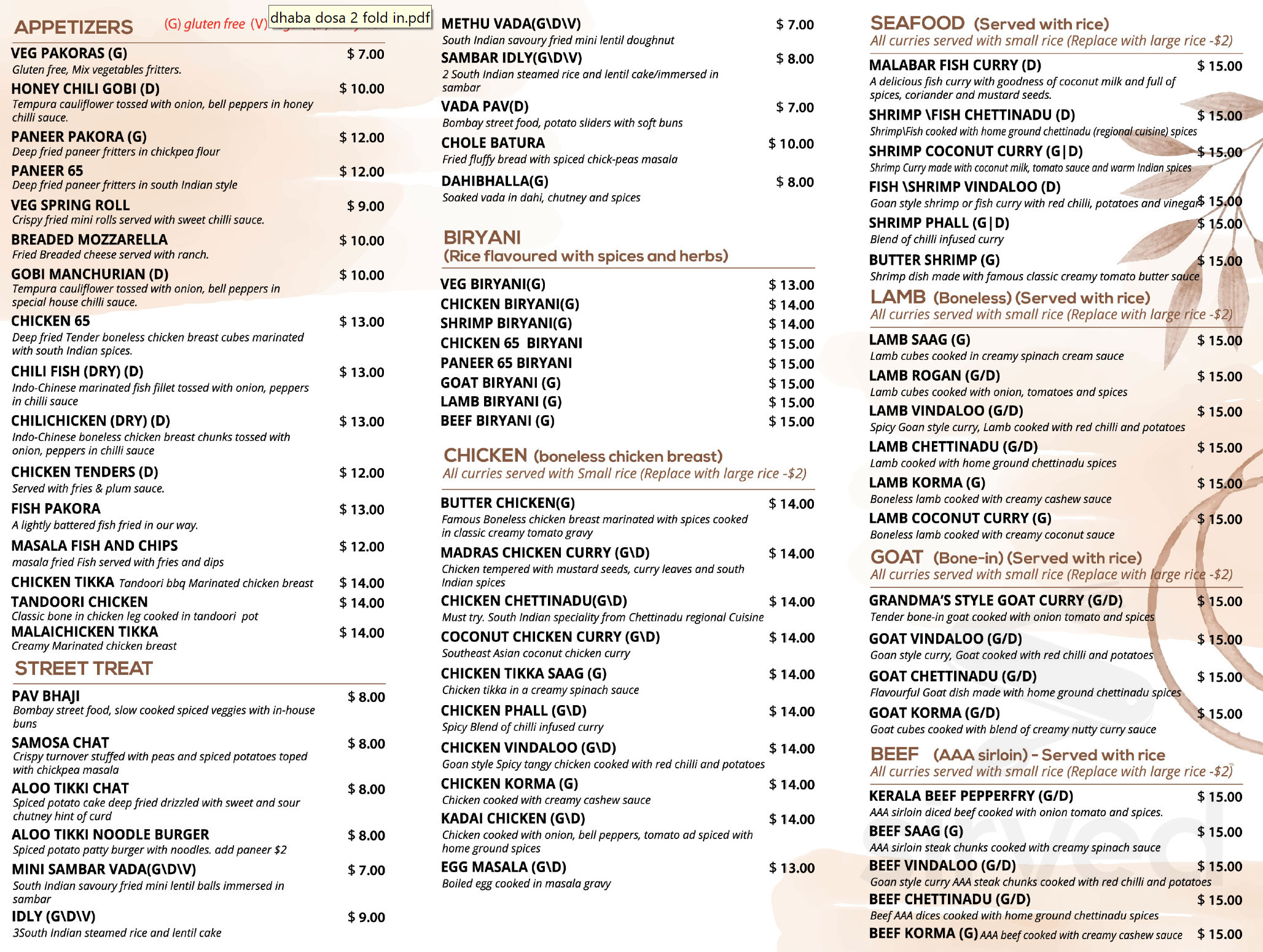 DHABA DOSA Indian Grill menu in Surrey, British Columbia, Canada
