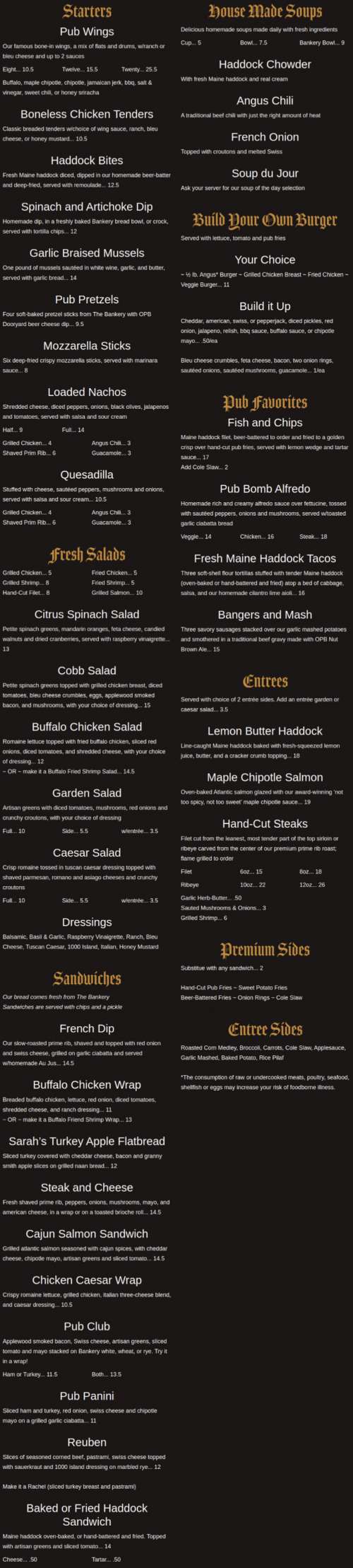 Old Mill Pub menu in Skowhegan, Maine, USA