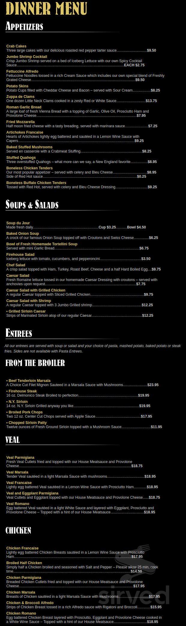 Tavern Restaurant menu in Westfield, Massachusetts, USA