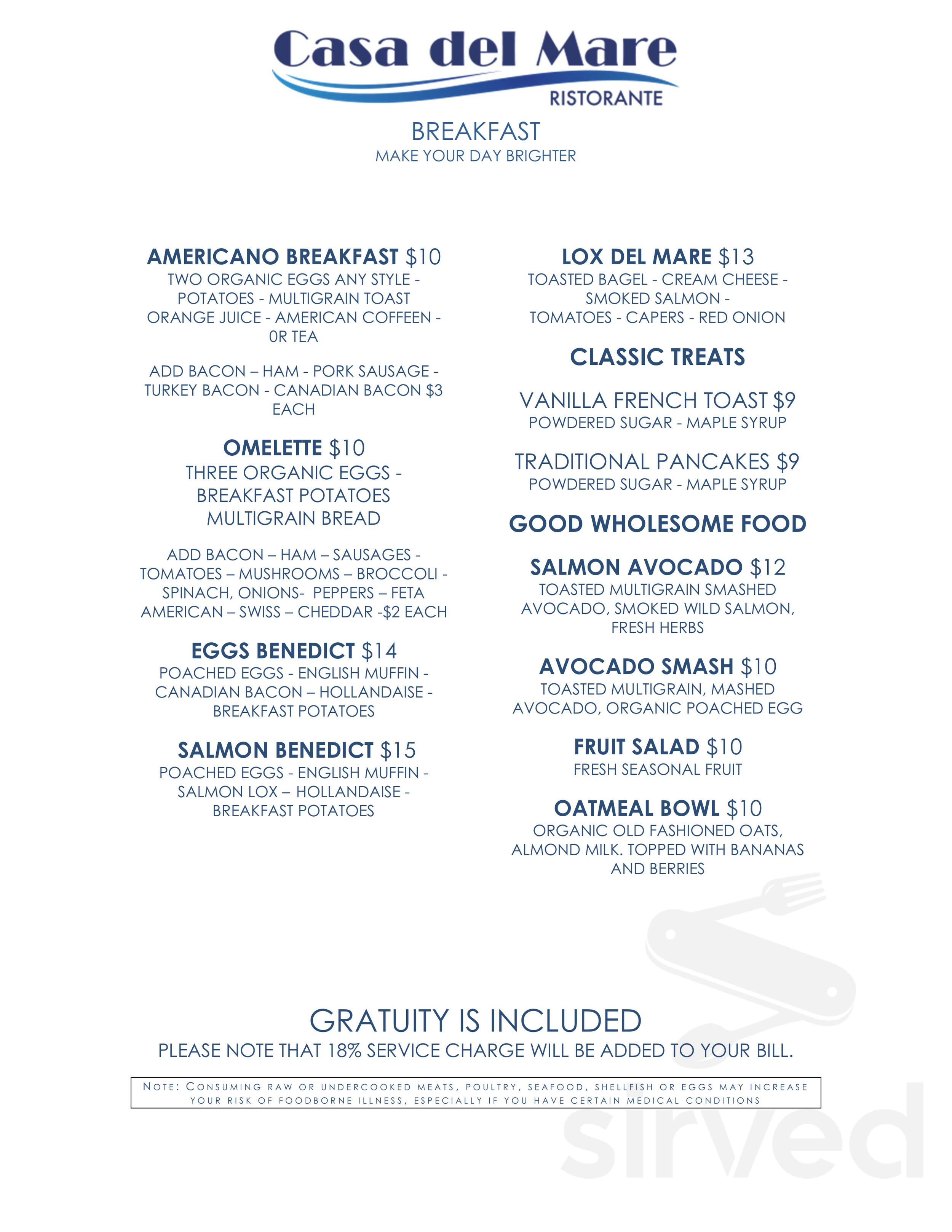 Casa Del Mare Ristorante menu in Fort Lauderdale, Florida, USA