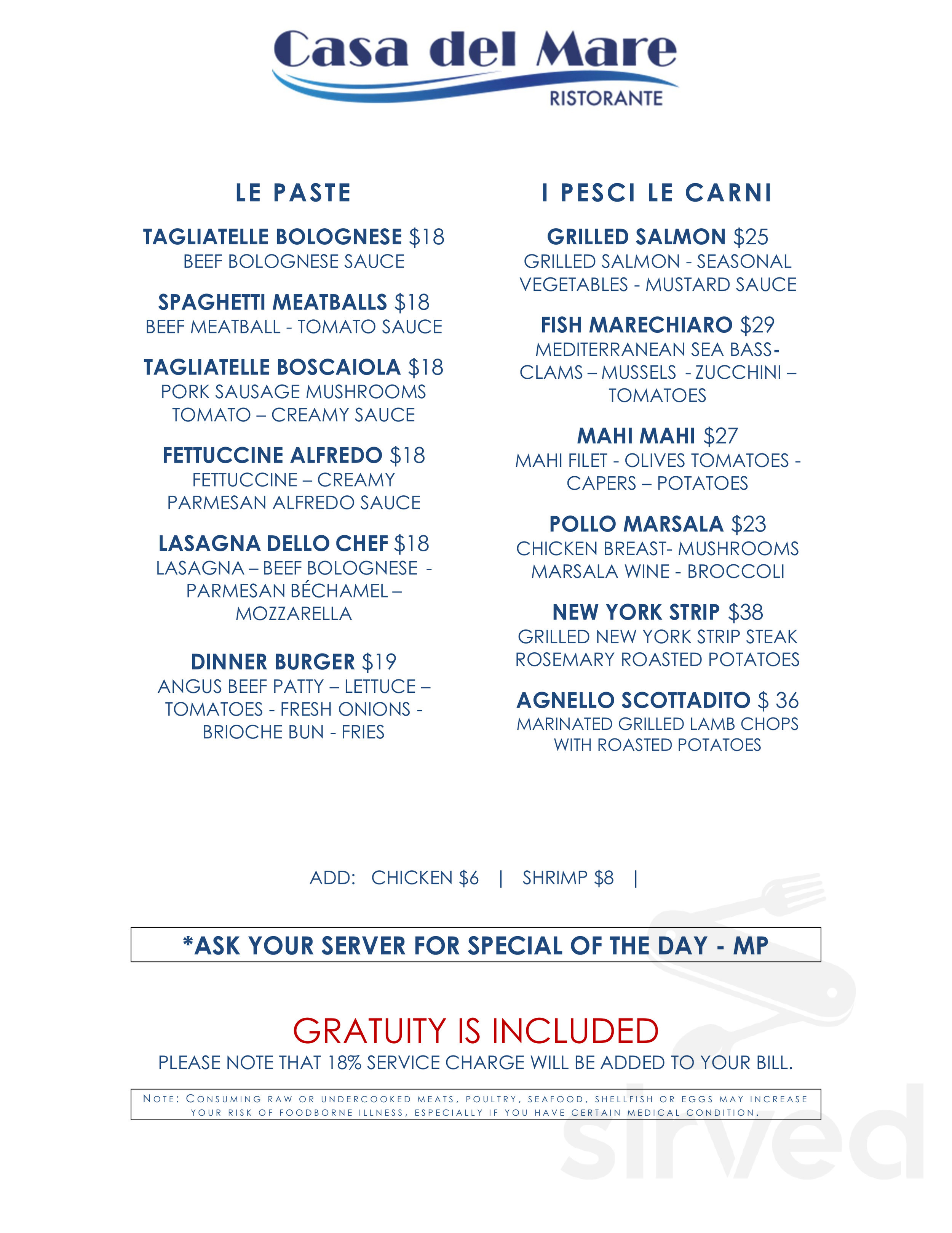 Casa Del Mare Ristorante menu in Fort Lauderdale, Florida, USA