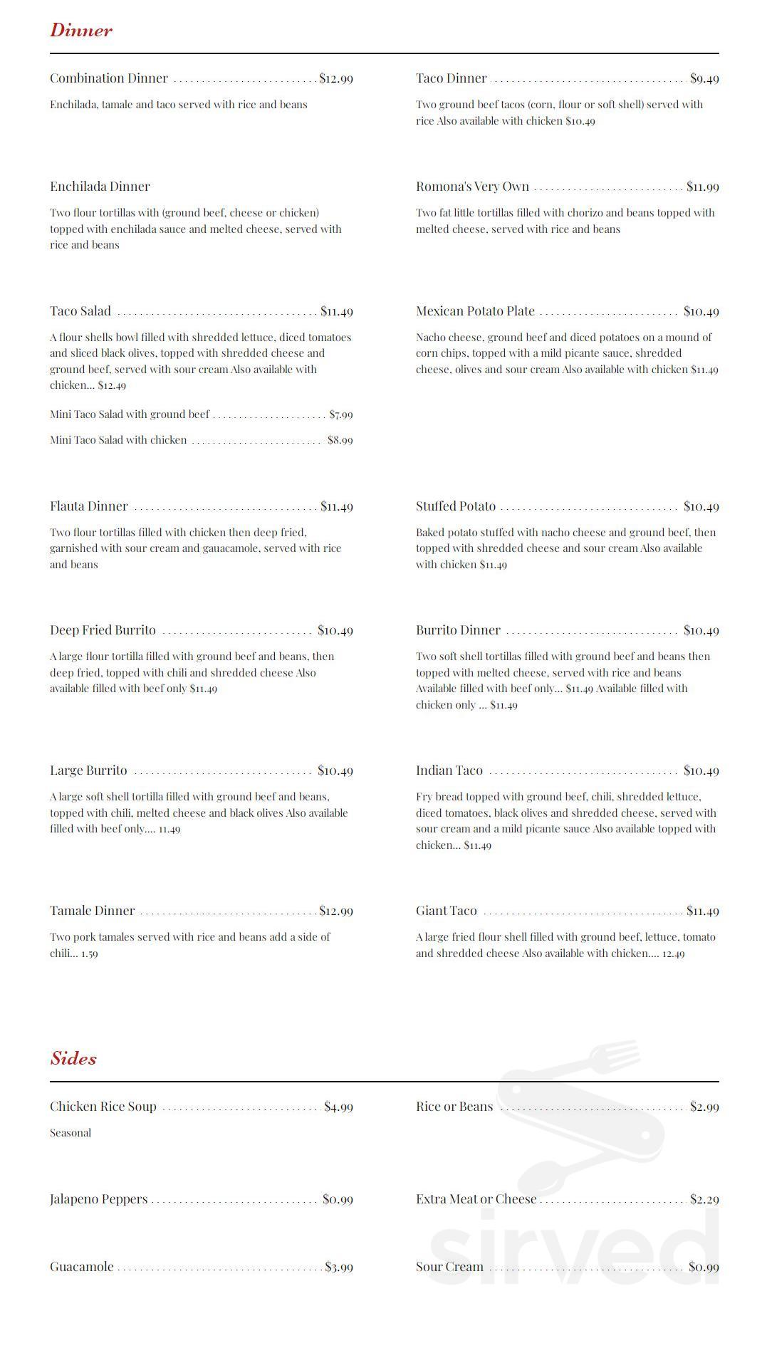 Ramona's Mexican Restaurant menu in Omaha, Nebraska, USA