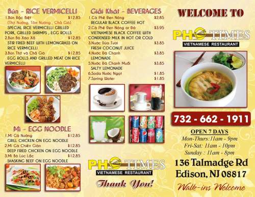 Pho Times menu in Edison, New Jersey, USA