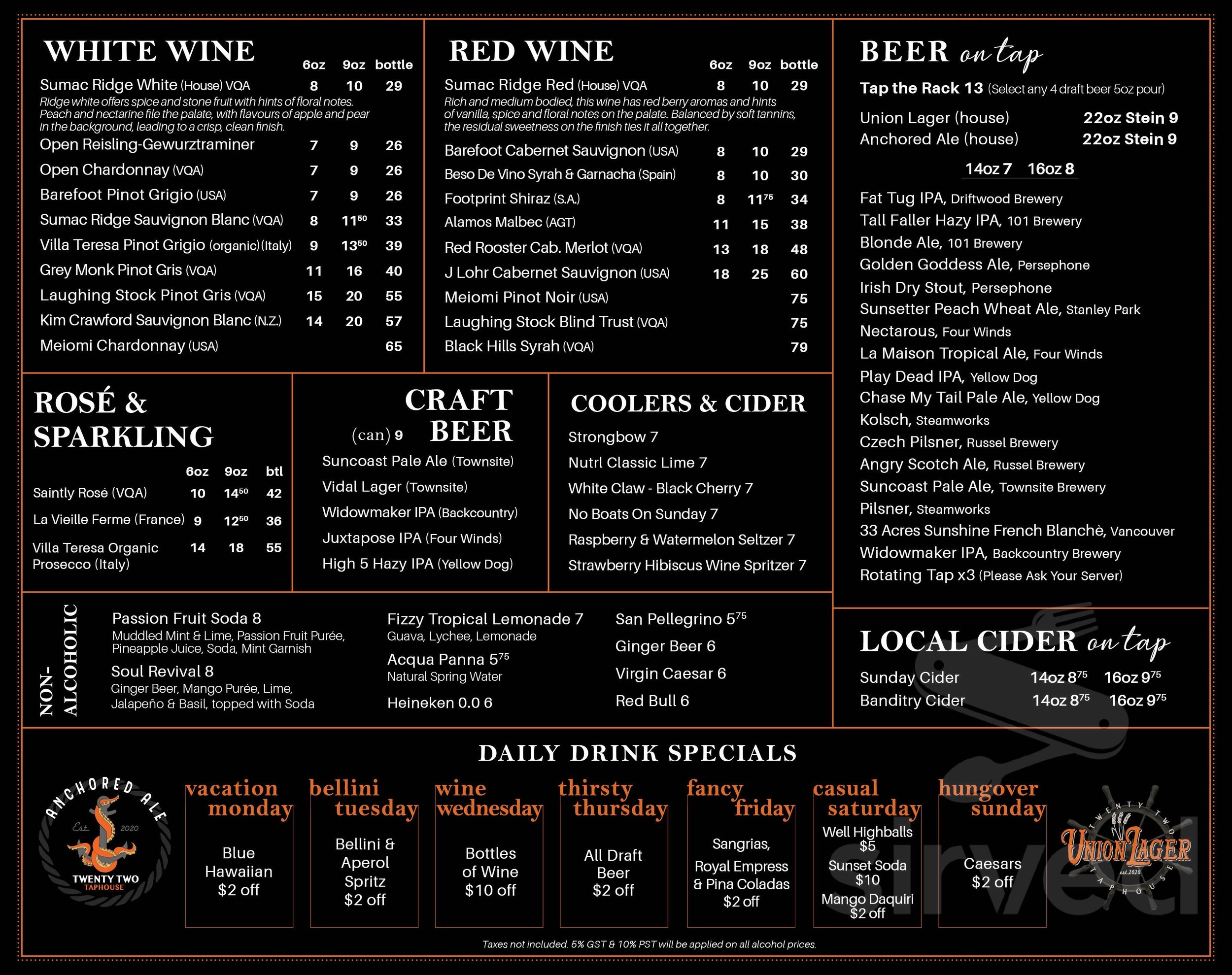 Menu - Sechelt BC's Twenty Two Taphouse | Sirved