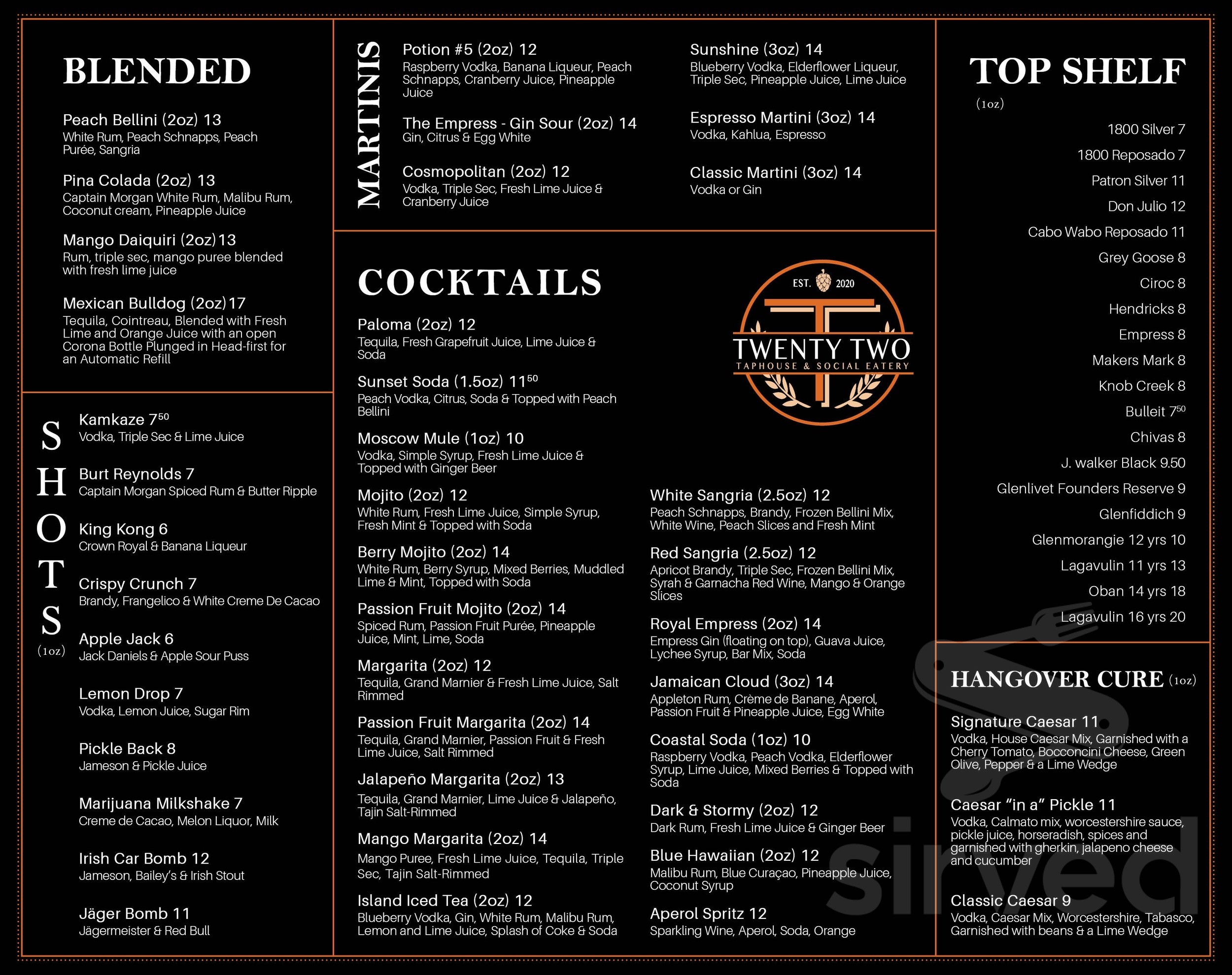 Menu - Sechelt BC's Twenty Two Taphouse | Sirved