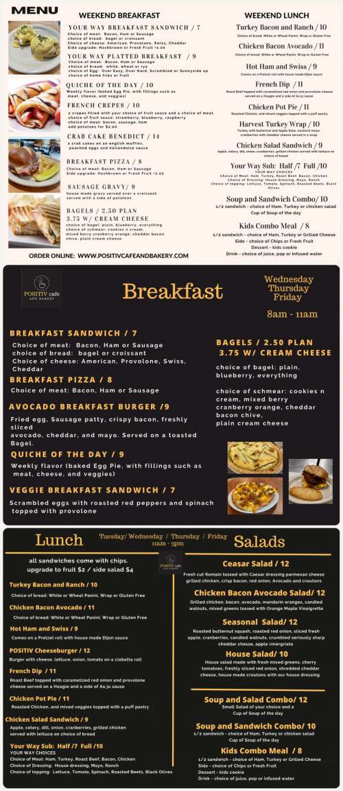 POSITIV cafe and bakery menu in Attica, New York, USA