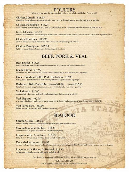 Pal Joey's Restaurant menu in West Chicago, Illinois, USA