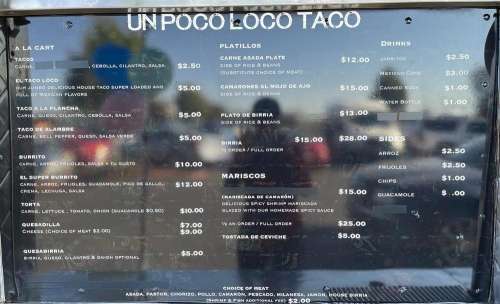 Un Poco Loco Taco menu in American Canyon, California, USA