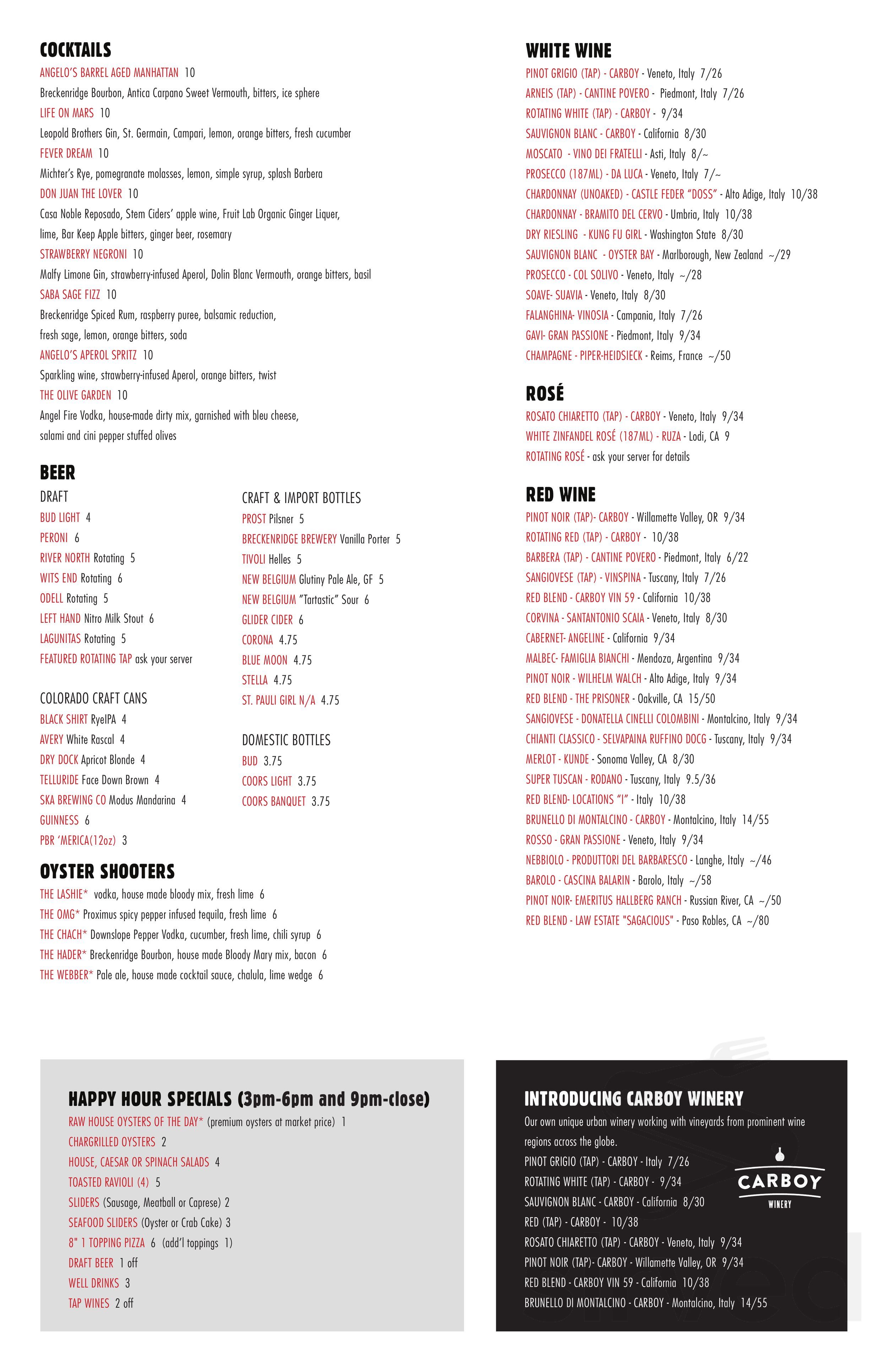 Angelo's Taverna menu in Denver, Colorado, USA