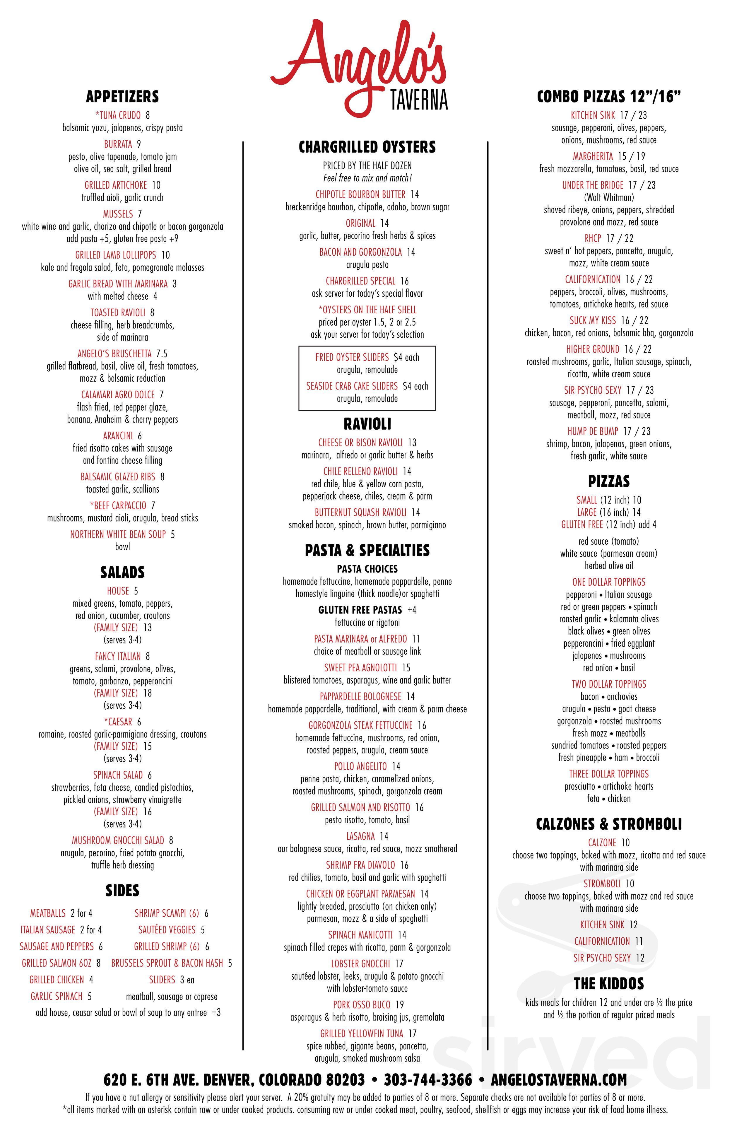 Angelo's Taverna menu in Denver, Colorado, USA