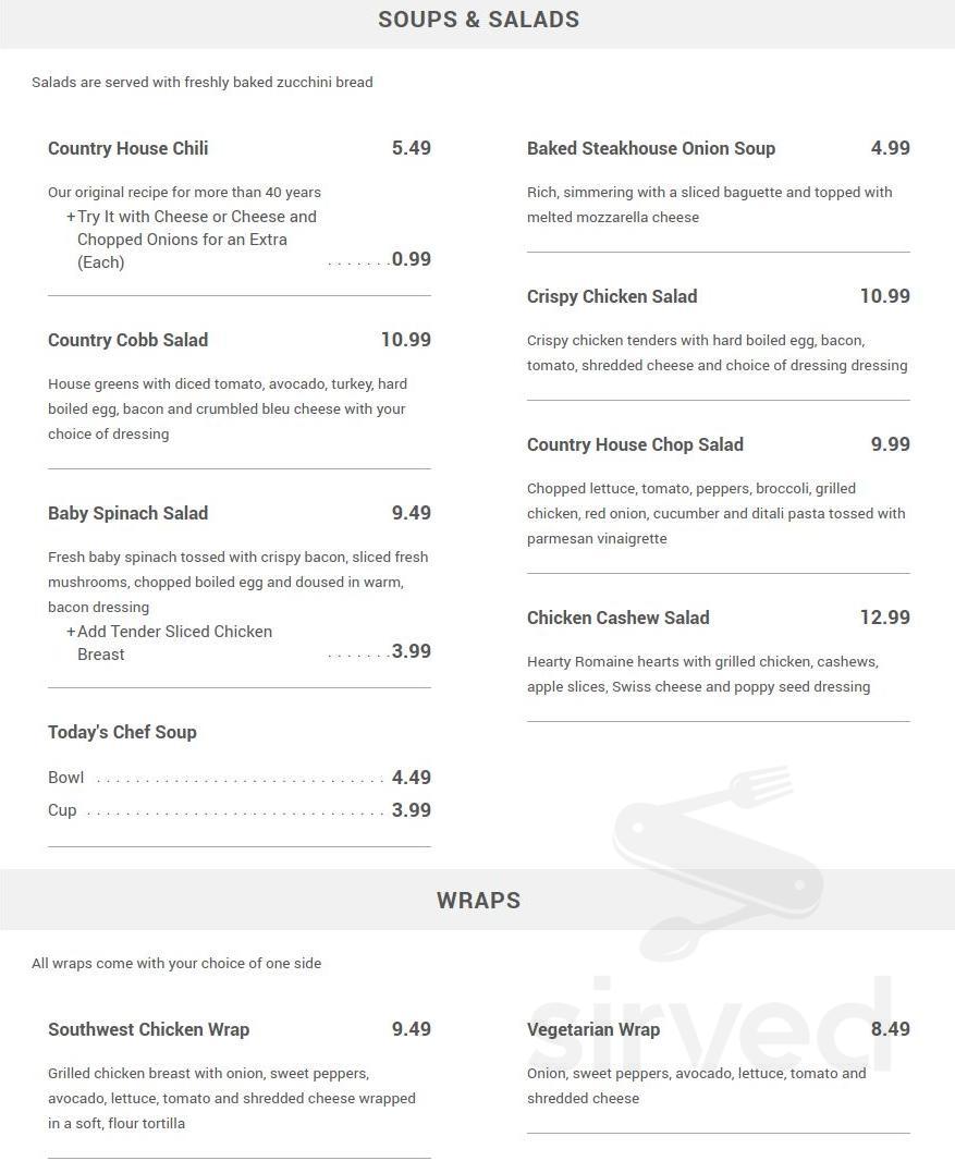 Country House menu in Geneva, Illinois, USA