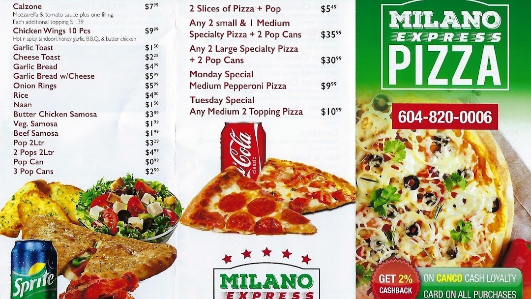 MILANO EXPRESS PIZZA menus in Deroche, British Columbia, Canada