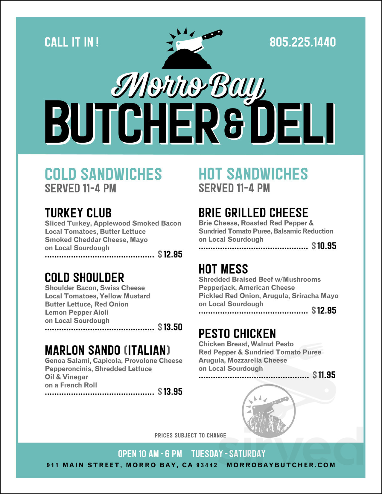 Menu - Morro Bay CA's Morro Bay Butcher & Deli | Sirved