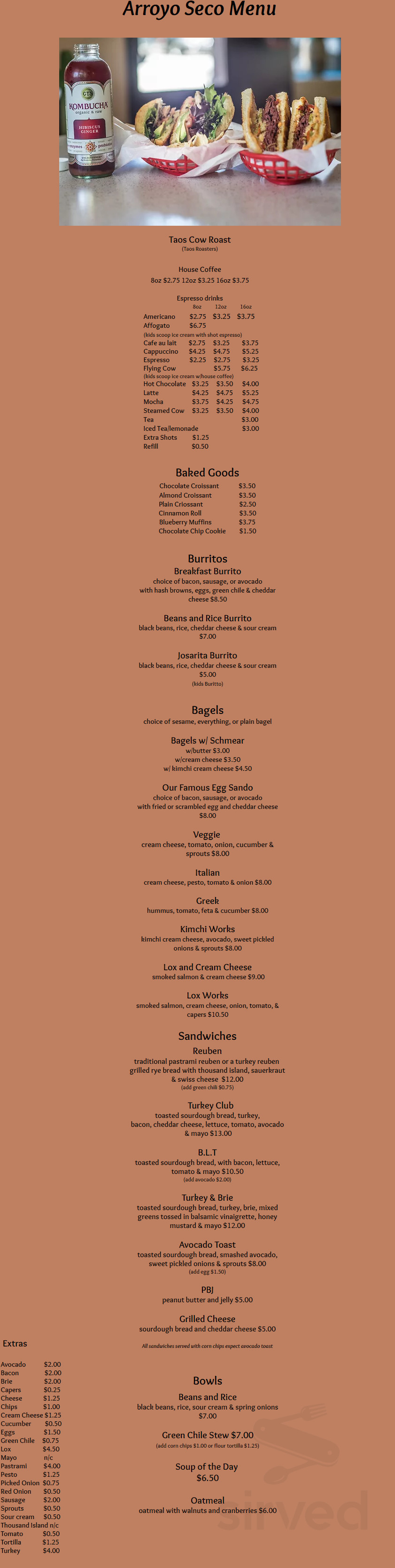 Taos Cow menu in Arroyo Seco, New Mexico, USA