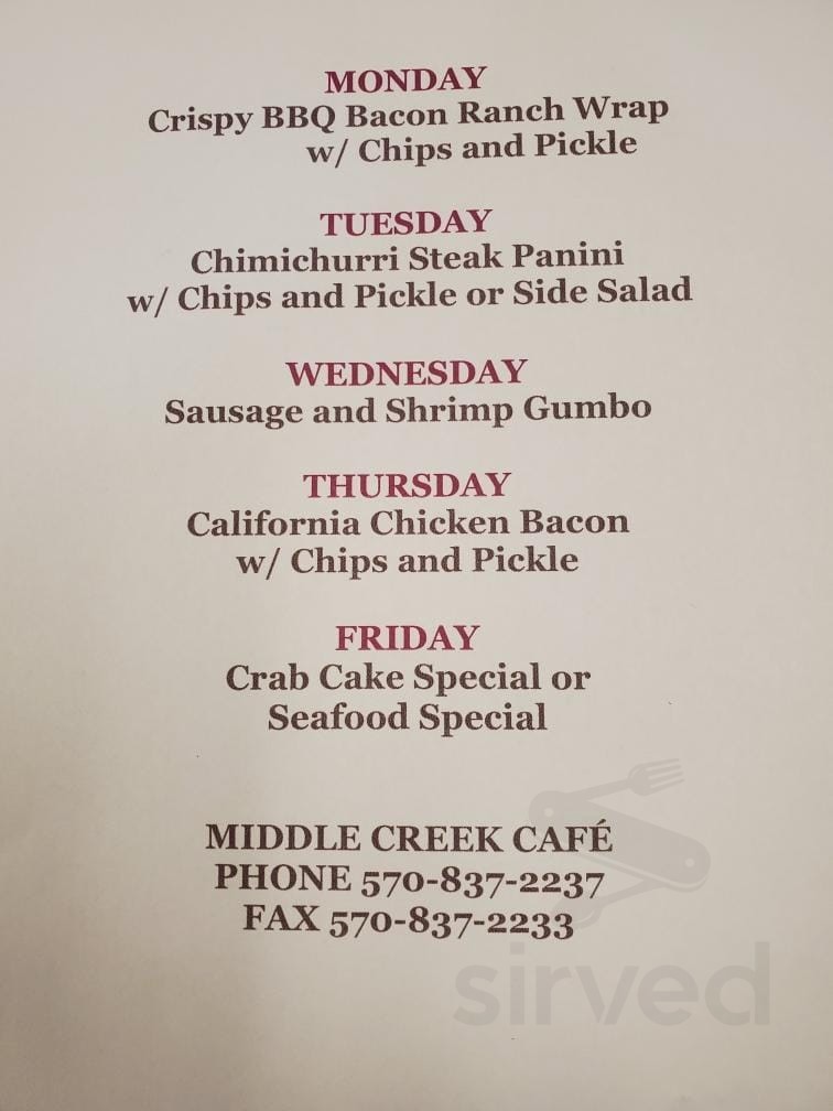 Middle Creek Cafe menus in Middleburg, Pennsylvania, United States