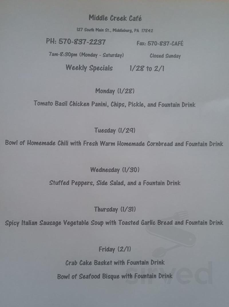 Middle Creek Cafe menus in Middleburg, Pennsylvania, United States