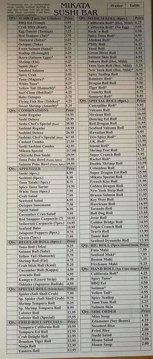 Mikata Japanese Steakhouse and Sushi Bar menu in Columbus, Georgia, USA