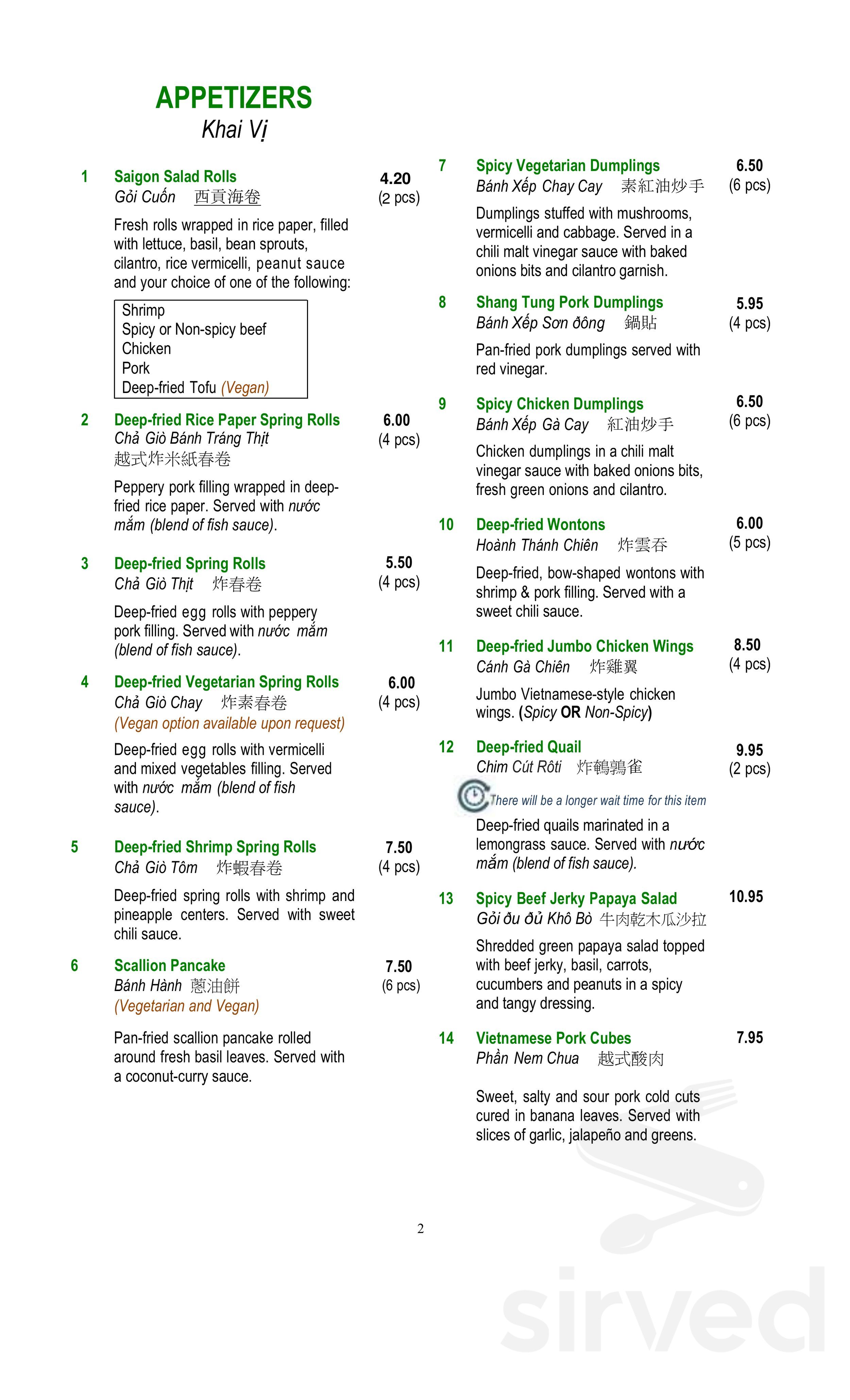 A Taste Of Saigon Restaurant menu in Calgary, Alberta, Canada