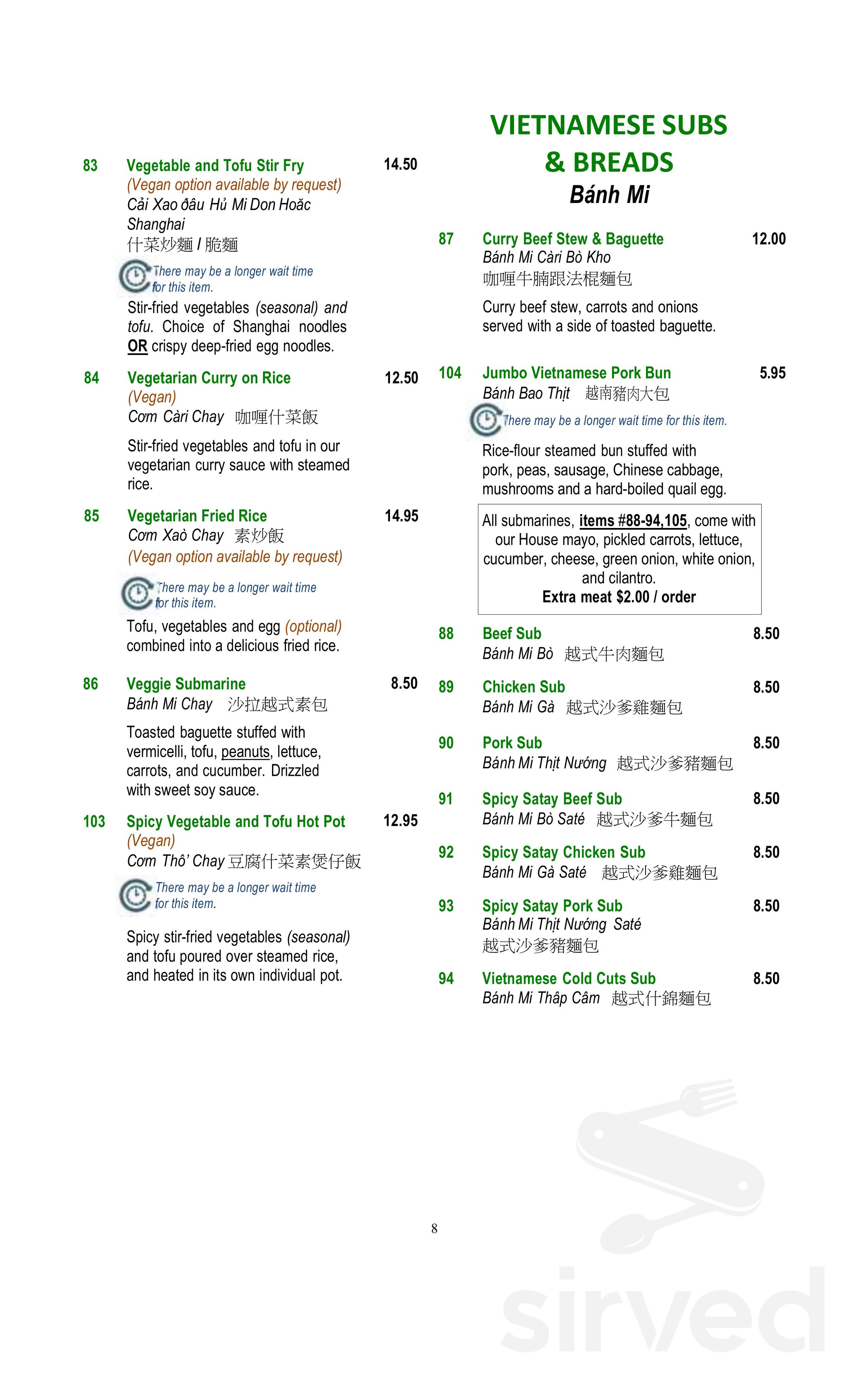 A Taste Of Saigon Restaurant menu in Calgary, Alberta, Canada