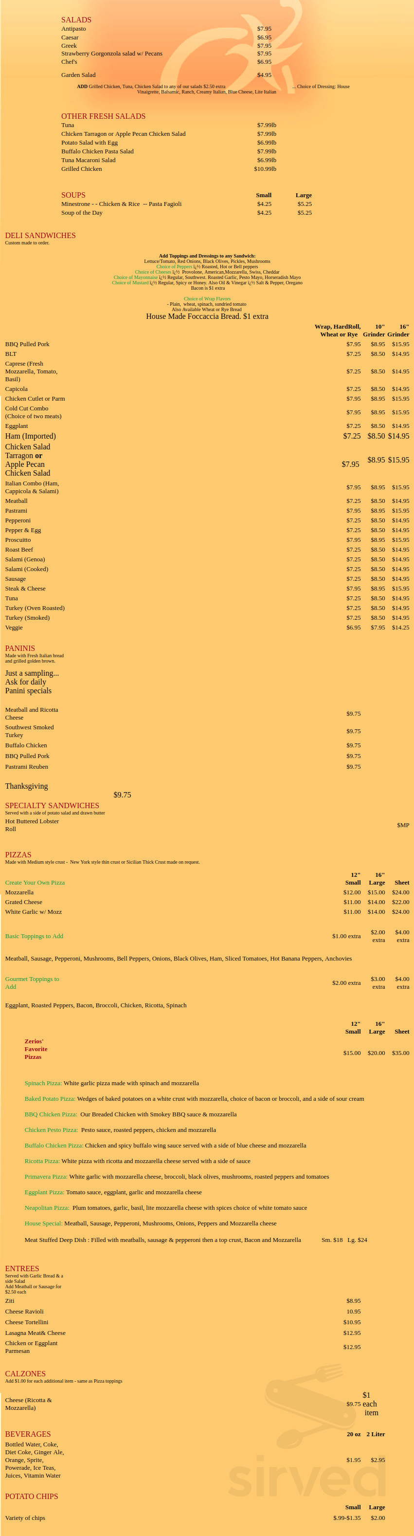 Zerio's menu in Cromwell, Connecticut, USA