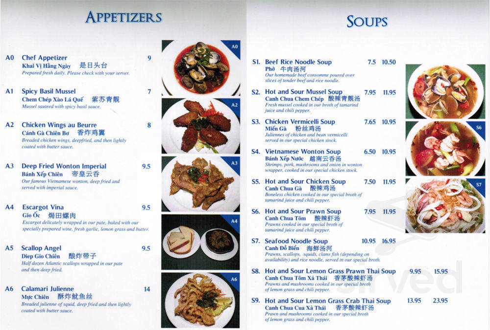 Vina Vietnamese menu in Coquitlam, British Columbia, Canada