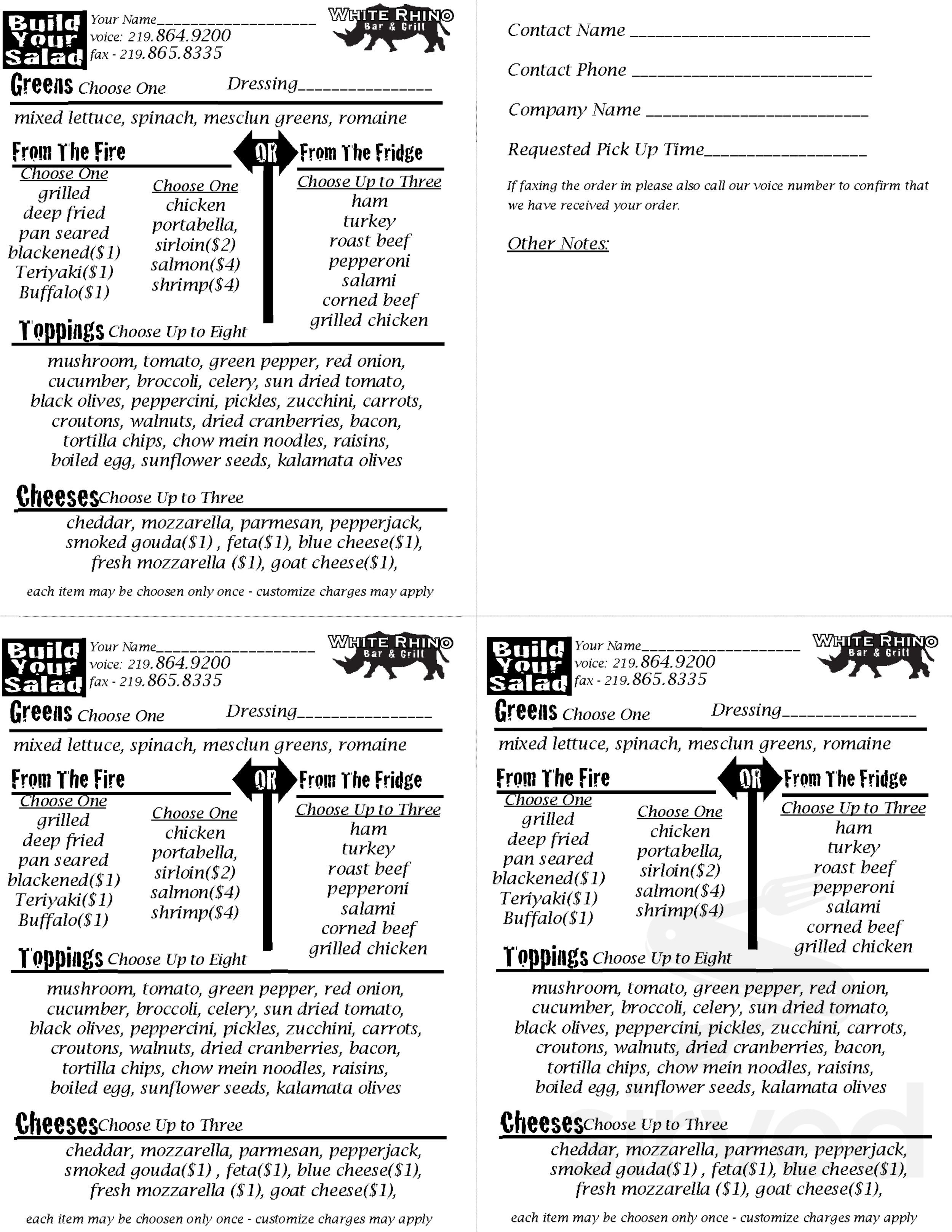 White Rhino Bar & Grill menu in Dyer, Indiana, USA